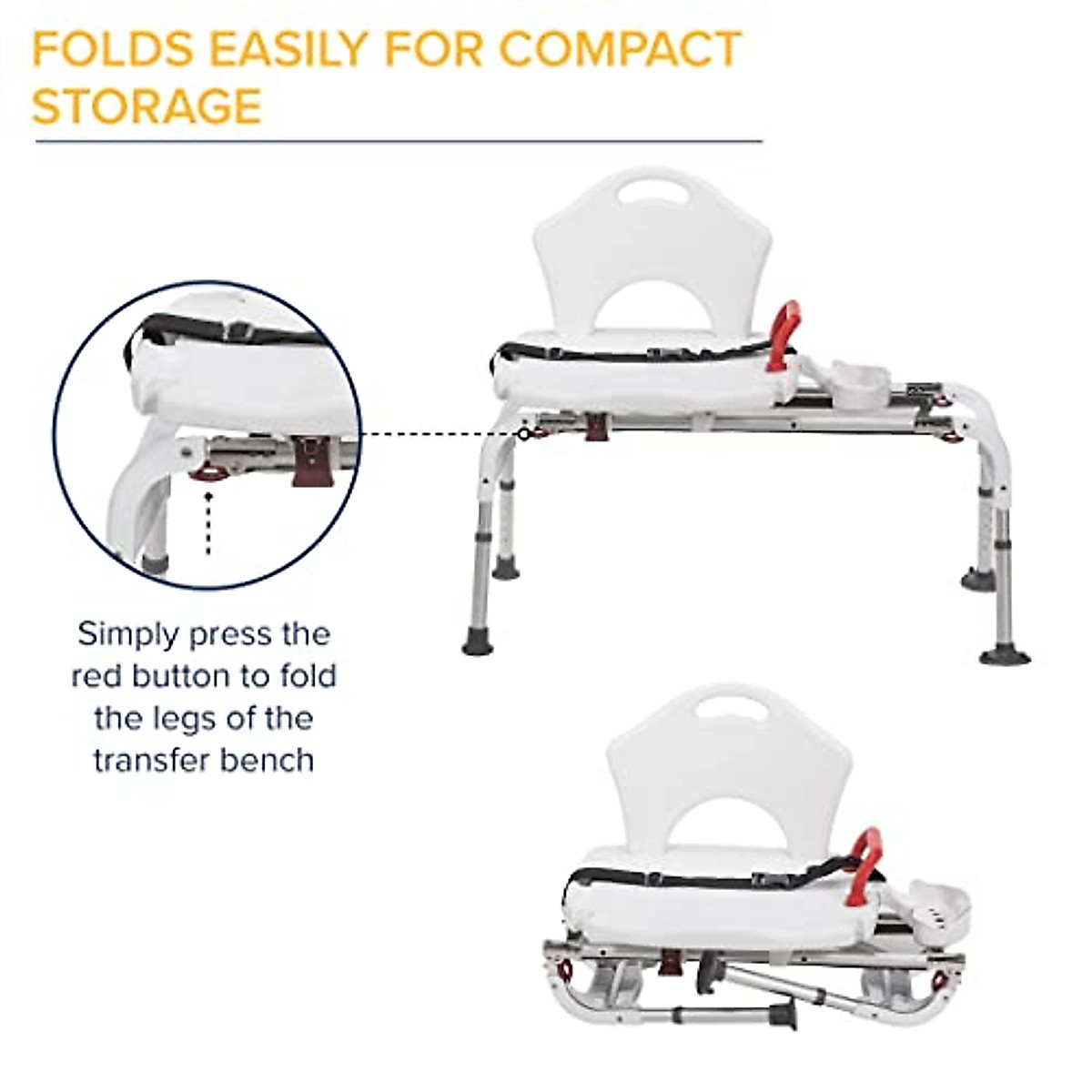 Drive Medical RTL12075 Adjustable Height Sliding Bathtub Transfer Bench Shower Chair with Armrests and Seatbelt, 300 Pound Weight Capacity, White