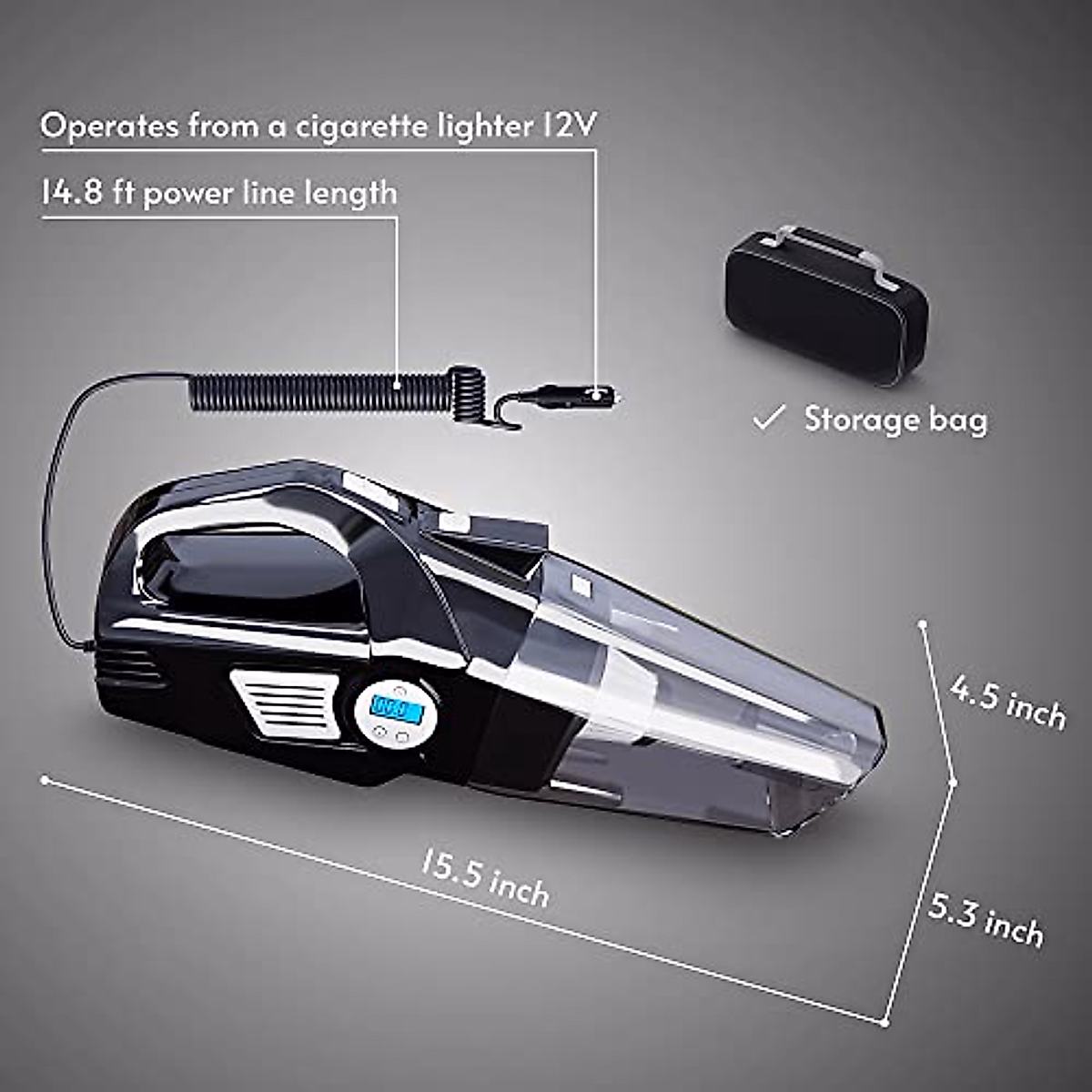 AMEBIBO 4-in-1 Car Vacuum Cleaner, Tire Inflator Portable Air Compressor with Digital Tire Pressure Gauge LCD Display and LED Light, 12V DC Air Compressor Pump, 14,8FT Cord