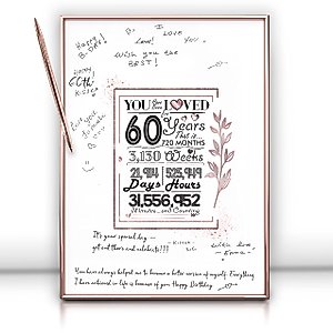 Framed Rose Gold 60th Birthday Decorations Sign Poster for Girl - 60 Birthday Gift 12"x16" Guest Party Favors Book Alternative – With Pen & Wall Hanger – Great 60 Years Old Gifts for Womens