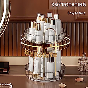 YCIA&DONE 360 Rotating Makeup Organizer and Storage for Vanity Countertop 2 Tiers, High Capacity Cosmetic Skincare Perfume Organizer for Dresser Bathroom Lazy Susan Organizers(Clear White)