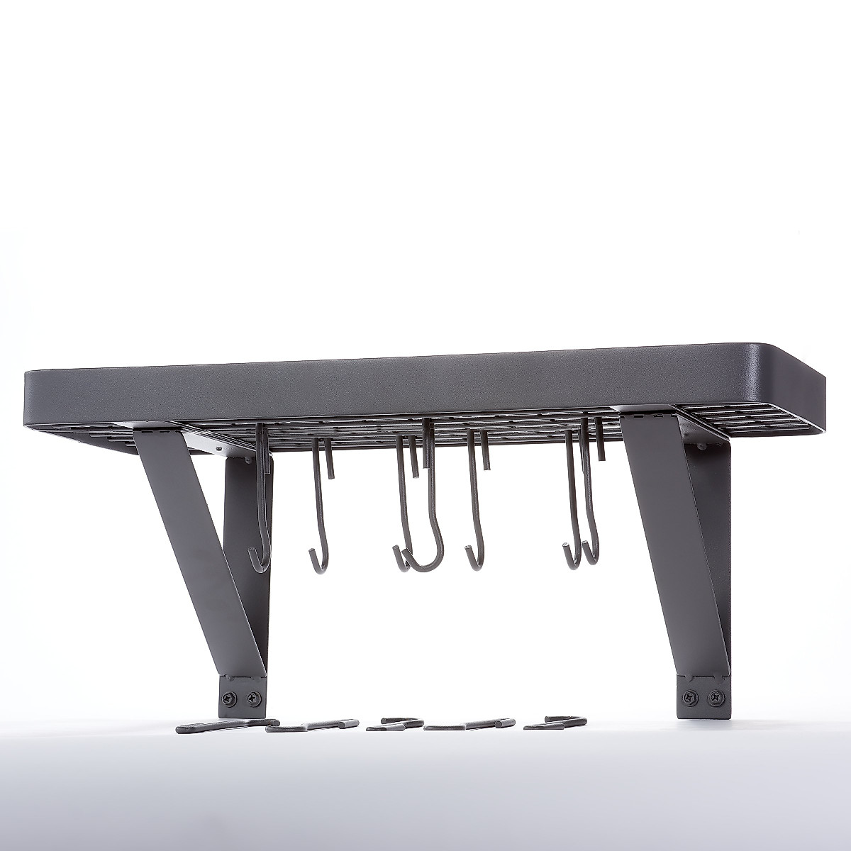 Old Dutch Graphite Wall Mount Bookshelf Grid & 8 Pot Rack with Hooks