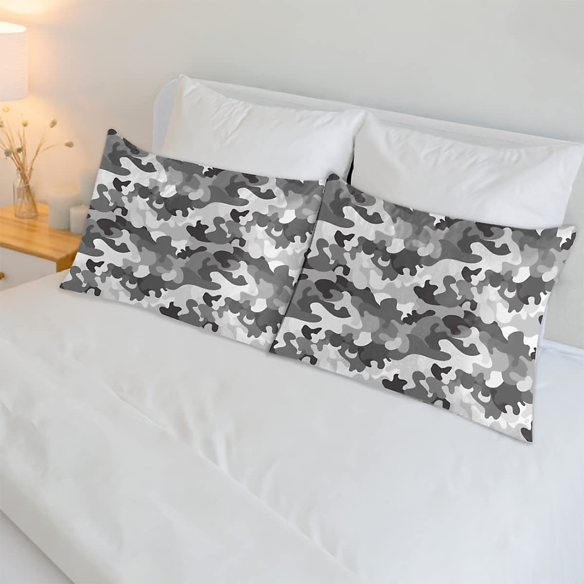 Satin Pillowcase for Hair and Skin Standard Size, Grey Camo Camouflage Military Silk Pillowcase Satin Pillow Cases with Envelope Closure Soft Cooling Pillow Covers Gift for Women Men, 20x26in