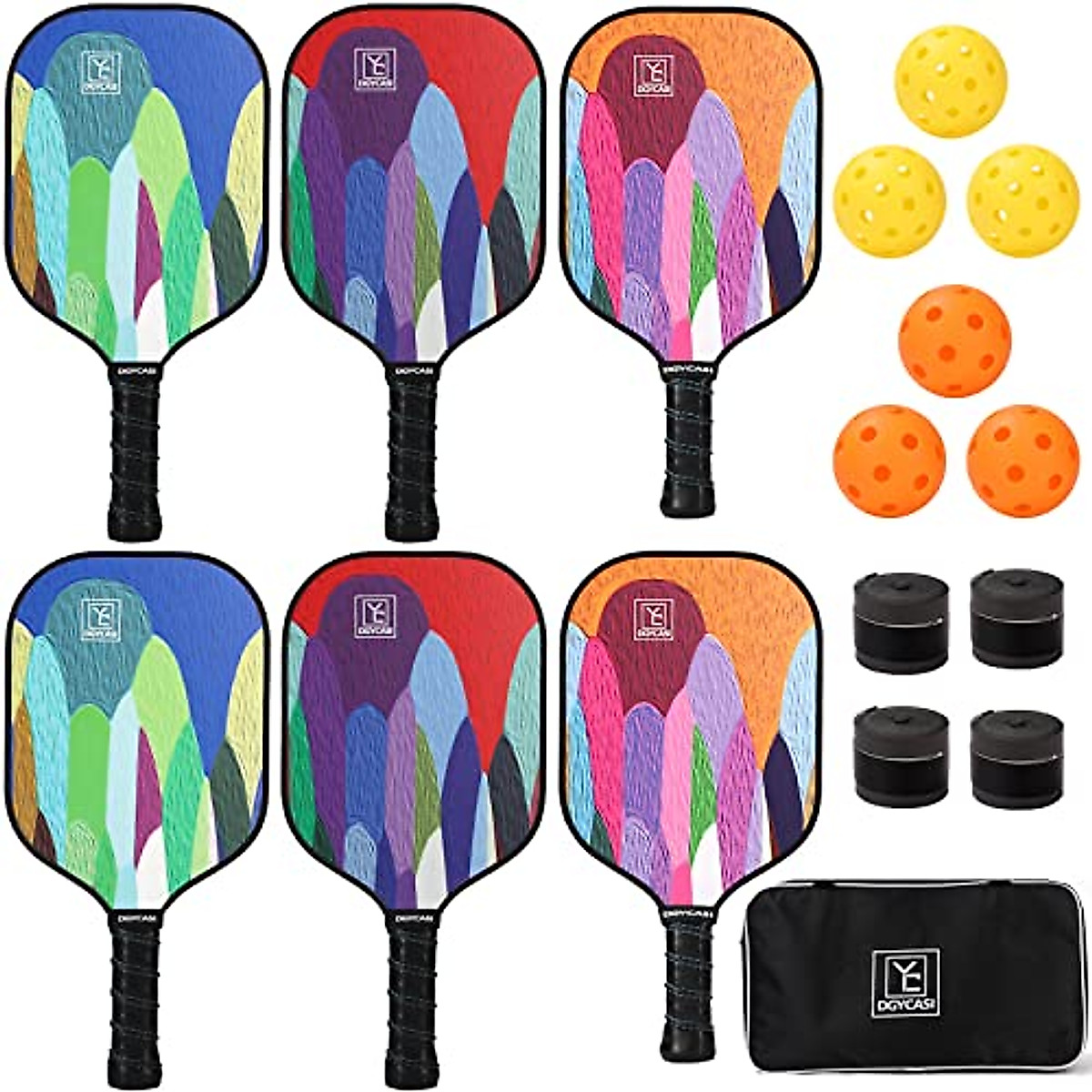 Graphite Pickleball Paddles Set of 6, 2024 USAPA Approved, 2 Kids & 4 Adult Paddles, Fiberglass Surface (CHS), Polypropylene Lightweight Honeycomb Core, 6 Pickleball, 4 Replacement Soft Grip + Bag