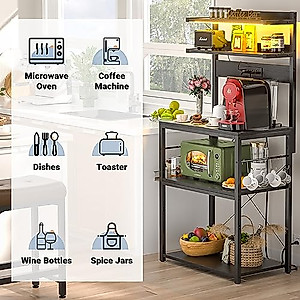 Aheaplus Bakers Rack with Power Outlet, Microwave Stand, 5 Tiers Coffee Bar Station with Led Lights, Kitchen Storage Shelf with 6 S-shaped Hooks, Kitchen Rack for Spices, Pots and Pans, Black