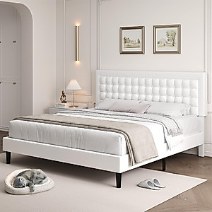 HIFIT Full Size Bed Frame, Full Modern PU Leather Upholstered Platform Bed with Button Tufted Adjustable Headboard and Solid Wood Slats Foundation, No Box Spring Needed, No Noise, Easy Assembly, White
