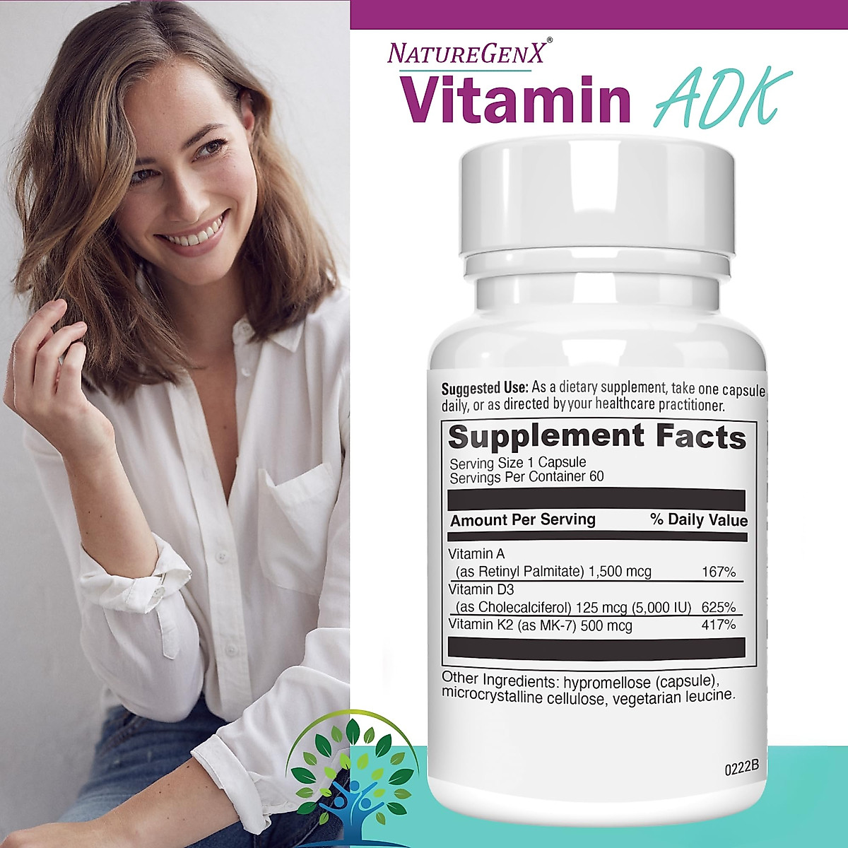 NatureGenX ADK Vitamin Supplement - Enhanced Bone Health with High Potency Vitamins A, D3, K2, Gluten-Free, 60 Capsules (Pack of 2)