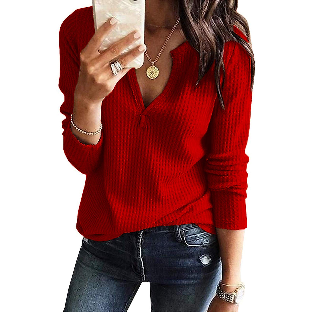 Women's V Neck Waffle Knit Henley Tops Casual Long Sleeve Pullover Sweater Blouses (Red, X-Large)