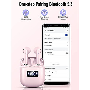 GCBIG Wireless Earbud, Bluetooth 5.3 Headphones with 4 ENC Mics, Wireless Headphones in Ear with 25H Playtime Noise Cancelling, IP7 Waterproof Bluetooth Earphones HiFi for Android iOS, USB C, Pink