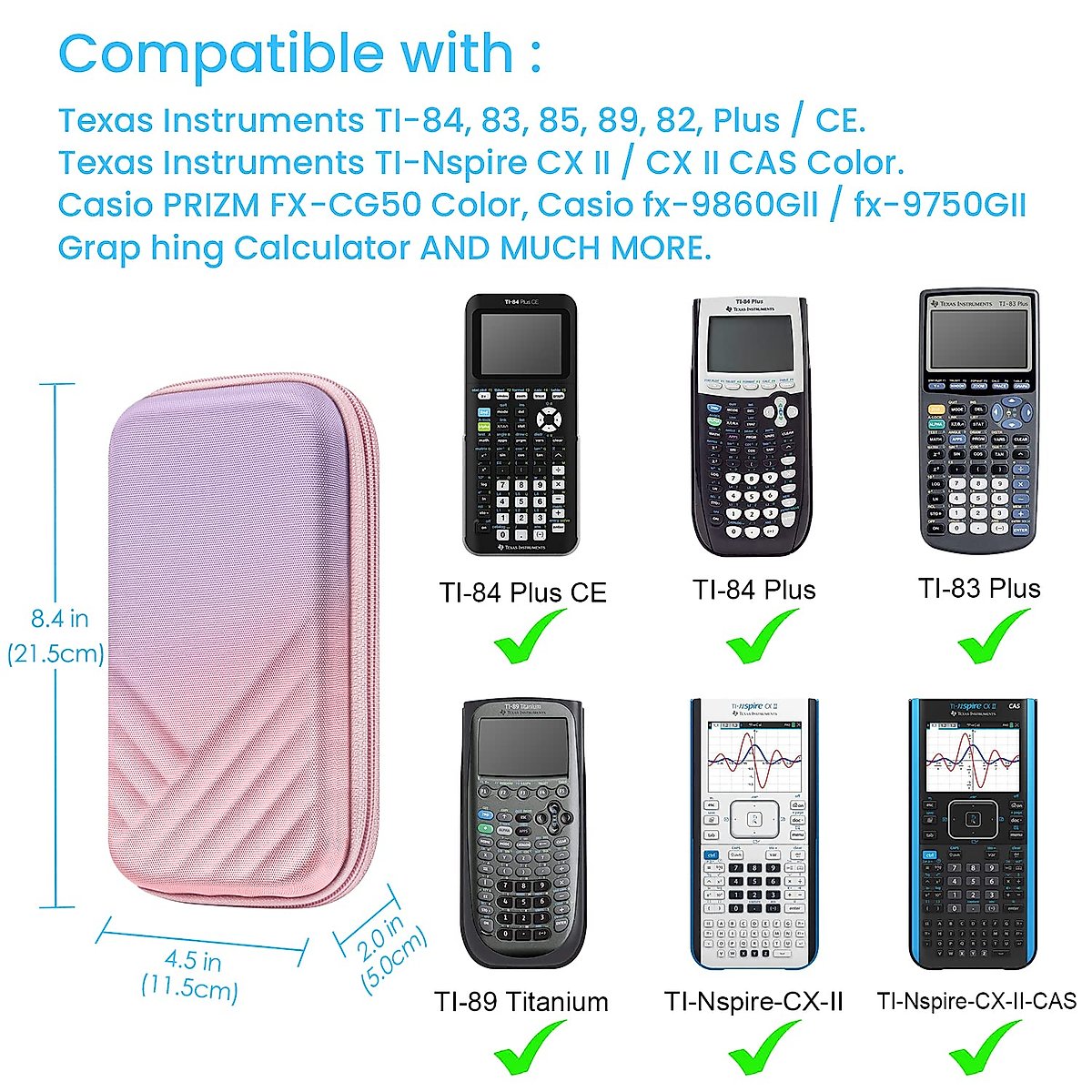 Fintie Graphing Calculator Carrying Case for Texas Instruments TI-Nspire CX II CAS/Tl-Nspire-CX-ll, TI-84 Plus CE/TI-84 Plus Color Graphing Calculators - with Mesh Pockets, Pen Slots (Pink)