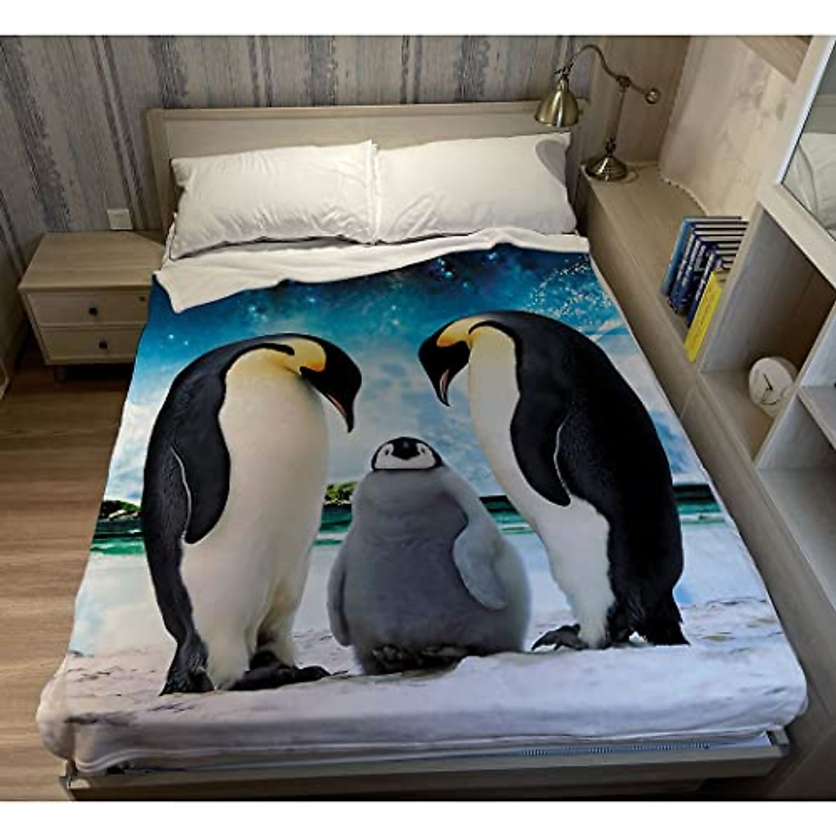 HommomH 60"x80" Blanket Soft Fluffy Flannel Fleece Throw Blue Sky Penguin