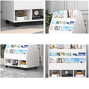 MIN WIN Double Sided Mobile Bookcase Display Stand,4-Shelf Wood Open Book Shelf with 3 Cube Units, Sling Storage Bookshelf Wide Magazine Shelf for Offices, Library,Schools,White