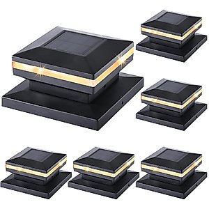Dynaming 6 Pack Solar Post Lights, Outdoor Decorative Post Cap Light, Solar Powered Black Shell Caps, BrightnePatio, FWhite LED Lighting for Fence Deck Patio, Fit 4x4, 5x5 or 6x6 Vinyl/Wooden Posts
