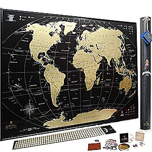 Scratch off map of the World MyMap Black Gold Large Travel map Wall Poster 35x25 Push pin map Includes Pins Tube Flags poster Map Scratch