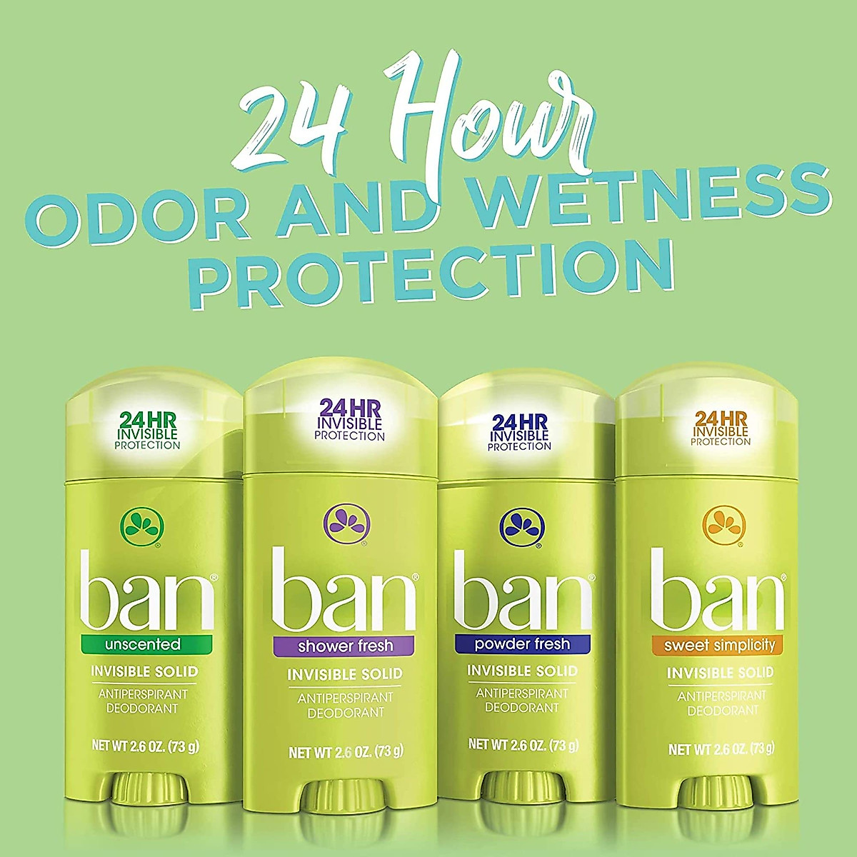 Ban Sweet Simplicity 24-hour Invisible Antiperspirant, 2.6oz Solid Deodorant, Underarm Wetness Protection, with Odor-fighting Ingredients (4 Pack)
