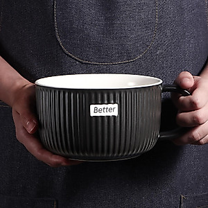 Artena 38 Ounce Soup Bowl with Handles, 6 inch Jumbo Soup Mug with Handles, Wide Large Cereal Bowl for Oatmeal, Gumbo, Salad, Oversized Black Glazed Ceramic Soup Cup, Microwave & Oven Safe