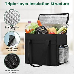 Carbrea Insulated Reusable Grocery Bags - 2 Pack Foldable Cooler Bag Shopping Bags with Side Mesh Pocket Food Delivery Bag for Men Women Storage Shopping Picnic - Black