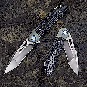 NEWOOTZ Skull Theme Folding Pocket Knife with Leather Sheath, Handmade Titanium Damascus Steel Decoration Handle,4in 58-60HRC Blade, EDC Cool Outdoor Tanto Point Knives for Men Women