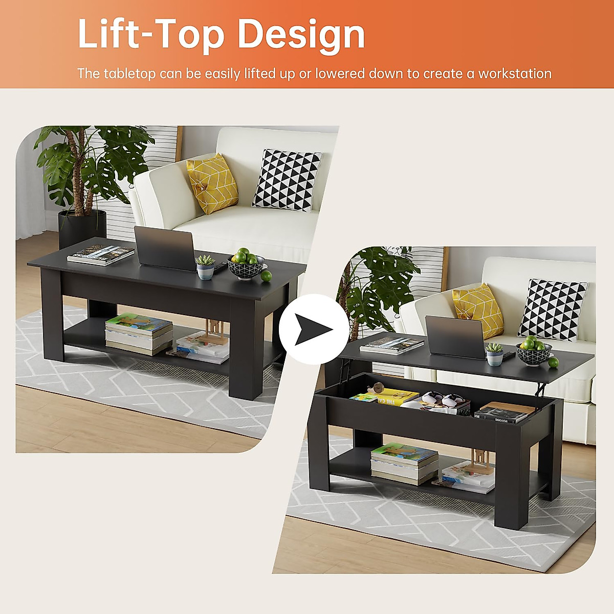 FDW Coffee Table Lift Top Coffee Table Coffee Table with Hidden Compartment and Storage Shelf for Living Room Reception Room 47.2in L,Black