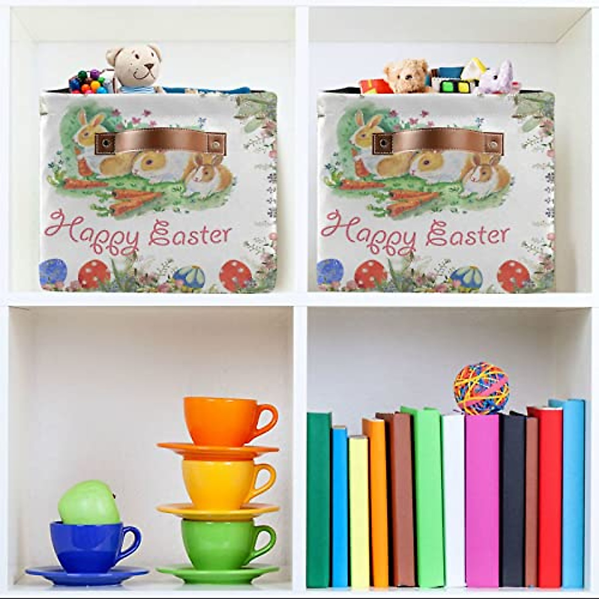 ALAZA Happy Easter Bunny Rabbit Egg Floral Foldable Storage Box Storage Basket Organizer Bins with Handles for Shelf Closet Living Room Bedroom Home Office 2 Pack
