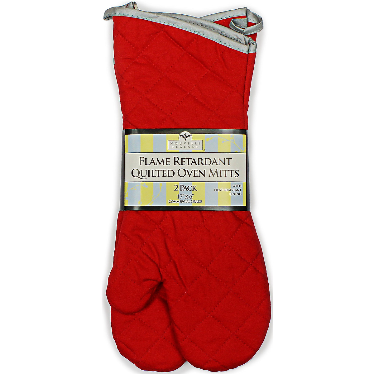 Nouvelle Legende Flame Retardant Kitchen and BBQ Heavy Duty Burn Protection Quilted Mitt, 17 Inches, Red, 2-Pack