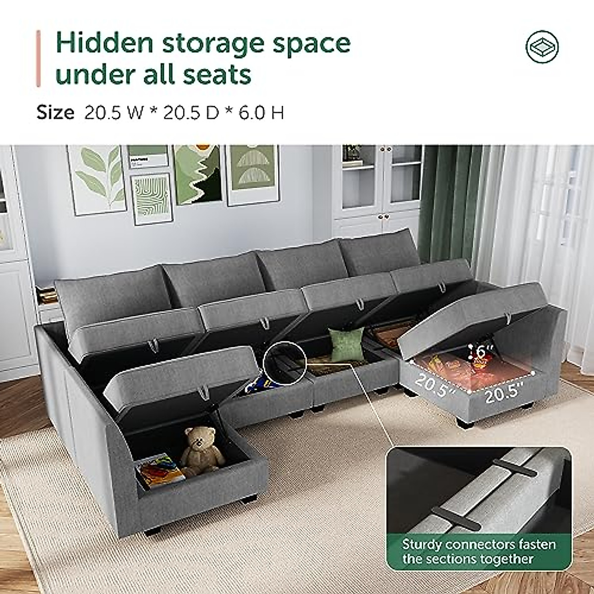 HONBAY Modular Sectional Sofa U Shaped Sectional Couch with Ottomans Reversible Modular Sofa 7 Seater Couch with Storage Seat, Grey