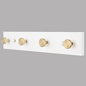 HASWARE 16'' Wall Mount Coat Hooks, Wooden Coat Rack with 4 Hooks Aluminum Wall Hooks, for Hat Towel Hanger Key Bag (White Plate & Golden Hook)