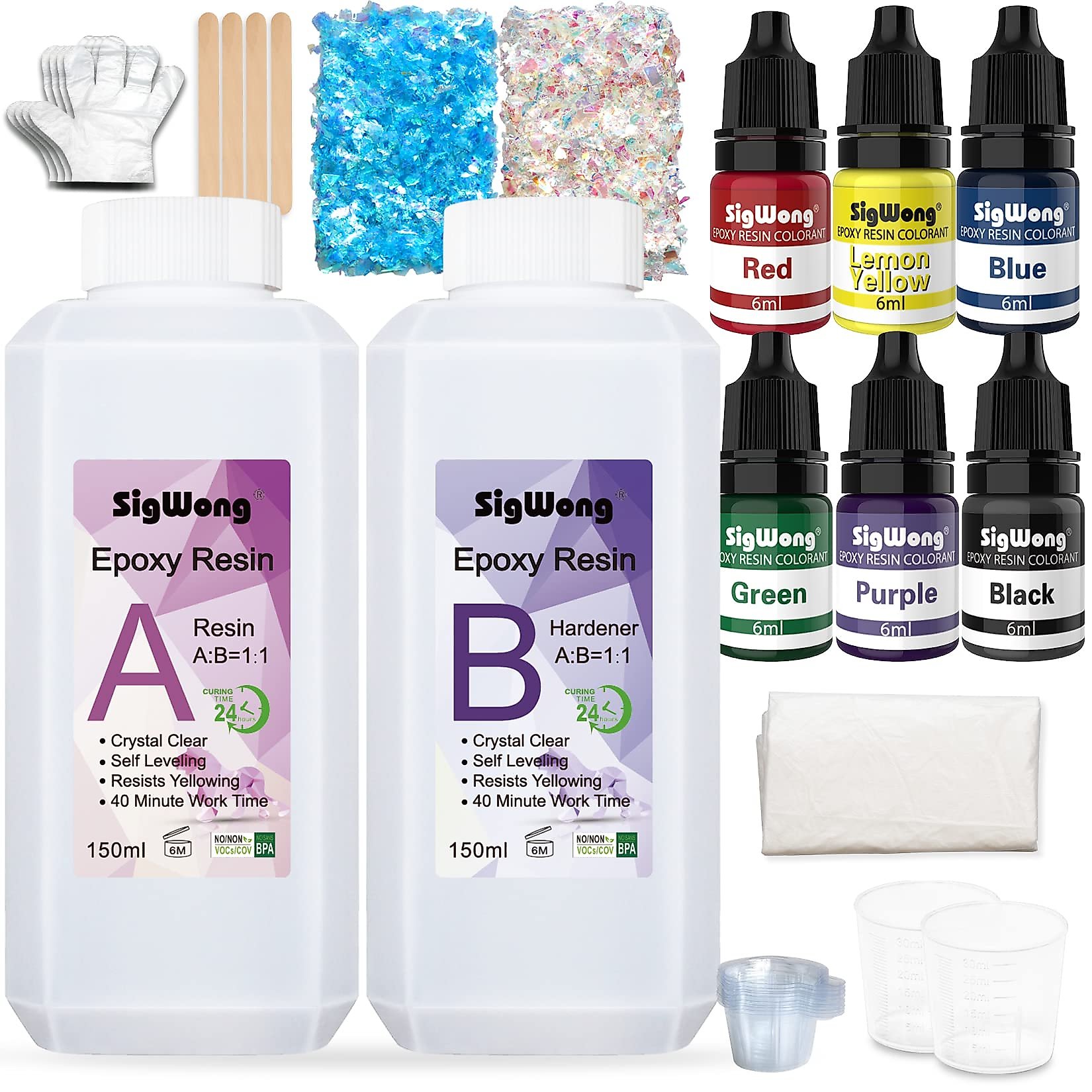 Epoxy Resin Crystal Clear Coating Kit 300ml - 2 Part Casting Resin For Art, Craft, Tumbler, Jewelry Making, Bonus Glove, Mixing Stick, Graduated Cup, Resin Pigment, Glitter, Dispensing Cup, Tablecloth