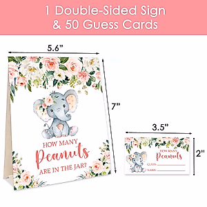 Yuzioey Pink Elephant Guess How Many Peanuts Baby Shower Game, 50 Cards and Matching Standing Sign, Girl Elephant Baby Shower Guessing Game