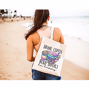 GXVUIS Drink Coffee Read Books Be Happy Canvas Tote Bag for Women Aesthetic Reusable Grocery Shopping Bags Gifts for Girls White