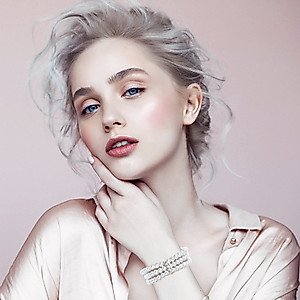 Beupy 9 Pcs Faux Pearl Bracelet 3-Row Pearl Stretch Bracelet Multilayer Pearl Elastic Bangle Vintage Wedding Bridal Bridesmaid White