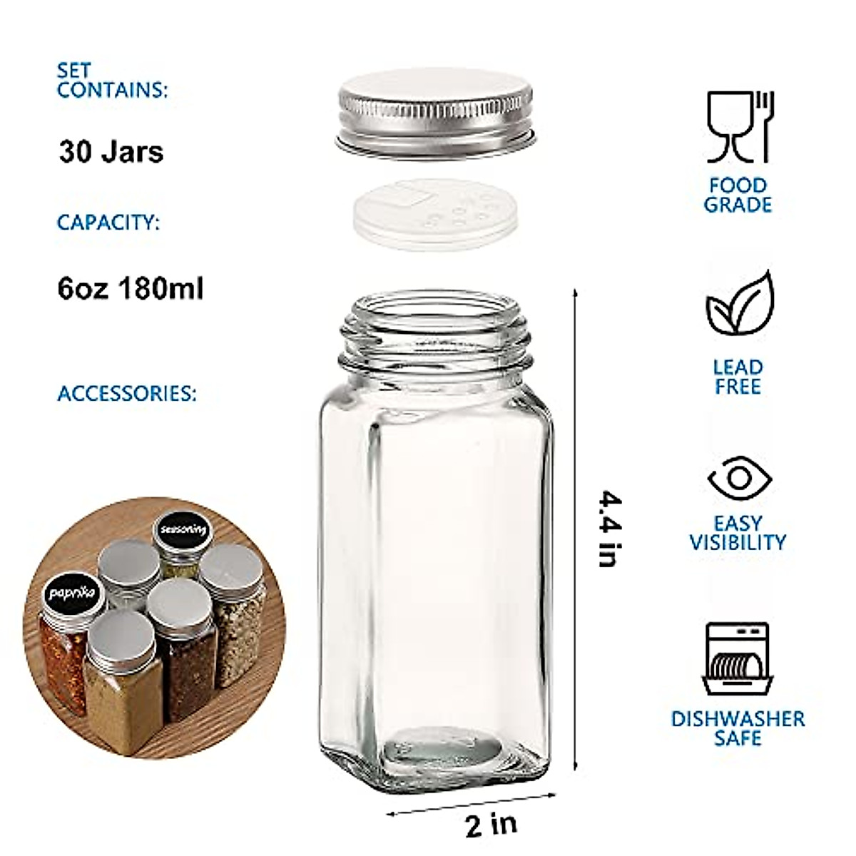 30 Pack 6oz Glass Spice Jars Bottles, Empty Square Containers with Silver Airtight Metal Caps and Pour/Sift Shaker Lid - 30 Black Labels,1 Chalk Marker,1 Silicone Collapsible Funnel,2 Brush Included