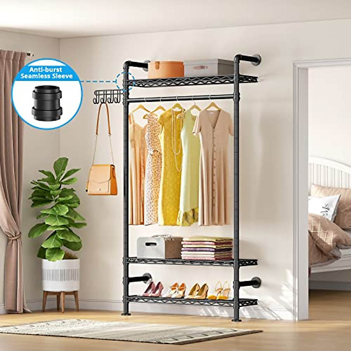 Timate F1 Pipe Clothes Rack Wall Mount Heavy Duty Closet Organizer System Hanging Closet Rack for Clothes, Closet Kit Walk in Closet Systems, Adjustable Storage Closet Shelves Wardrobe Closet, Black