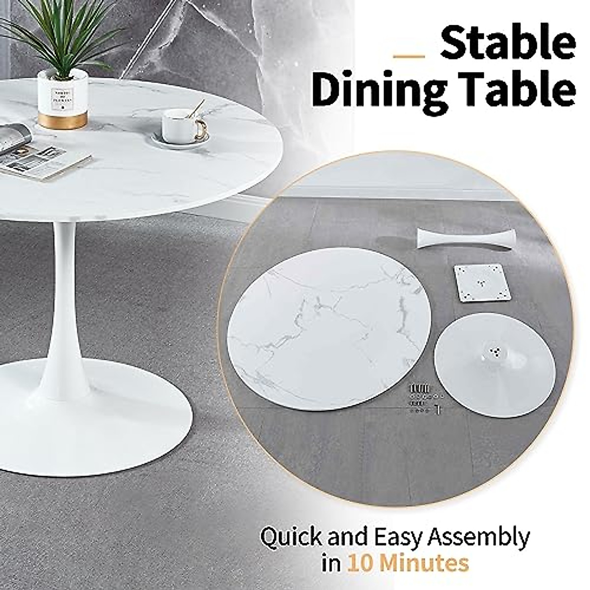 ANDORON Round Dining Table, 32 Inches Kitchen Tulip Table for 2-4 People with MDF Top and Metal Base, Modern Small Space Room Circle Table, End Table Leisure Coffee Side Table (White, 42" - Marble)