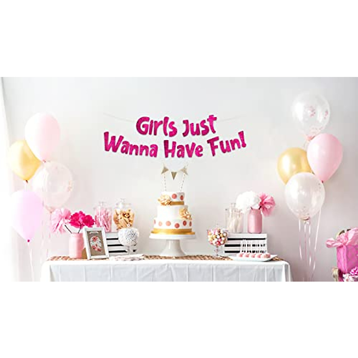 Girls Just Wanna Have Fun Neon Pink Glitter Banner – Bachelorette Party – Girls Birthday – Slumber Party – Pajama Party – Girls Night Out Decorations, Supplies, Favors and Gifts