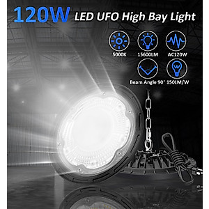 2 Pack LED High Bay Light 120W,5000K UFO Lighting with Steel Safety Rope, IP65 Waterproof Commercial LED Warehouse Lights for Shop Warehouse Factory etc. (with US Plug 5ft Cable)