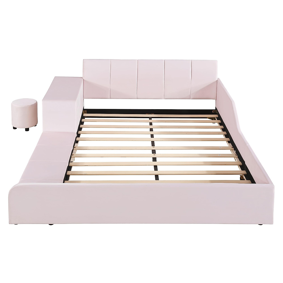 Brabrety Modern Upholstered Grounded Bed, Full Size Mother & Child Bed with Bedside Desk and Little Round Stool, Velvet Fabric, for Kids Teens Boys Girls Adults (Pink@011)