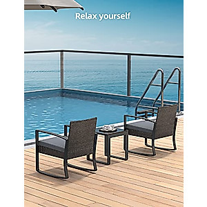 Aiho 3 Pieces Patio Furniture Set, Outdoor Wicker Bistro Rocking Chair Sets with Cushion, Porch Furniture Set with Glass Table, Modern Rattan Conversation Sets for Porches and Balcony (Grey Cushion)