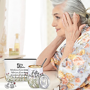 Irenare 50th Birthday Gifts for Women Fifty Fabulous Gifts for Her Happy 50th Birthday Gifts for Grandma Mom Sister Wife Aunt Friends Wine Glass Cosmetic Bag for Woman Birthday Gift(Elegant Style)