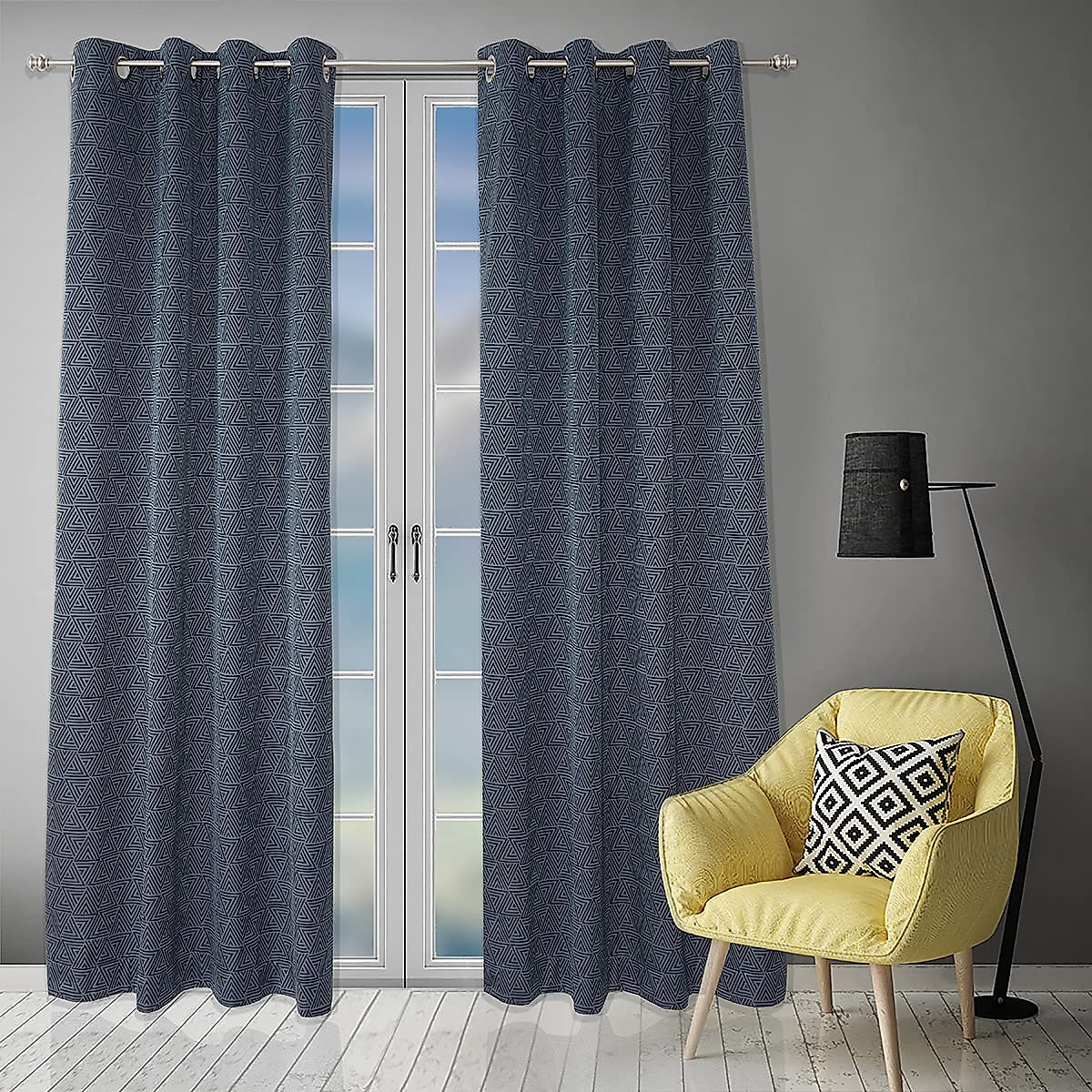 Decoberry Blackout Curtain Set - Includes 2 Blue and Black Triangle Pattern Curtains, Trinity, 52" X 108", 100% Light Blocking and Sound Filtering, Thermal Insulation - Geometric Design with Grommets