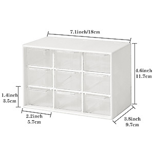 Dafape Mini Storage Drawers, Small 9 Drawers Organizer Bins Stackable Clear Plastic Box for Desk Office Bedroom Kitchen Makeup Jewelries Parts Gadgets Square Trays Desktop Stationary (White)