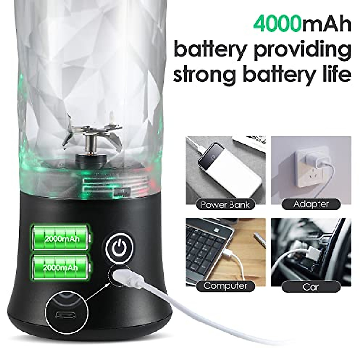 Portable Blender, Personal Size Blender for Shakes and Smoothies with 6 Blades, 270W, 20 Oz, IP67 Water-Resistant, USB-C Rechargeable 4000mAh Battery, Blending and Pulse Modes(Black)