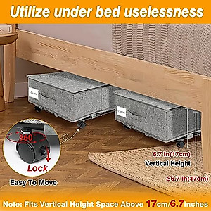 punemi Under Bed Storage With Wheels, 2 Pack Dust-Proof Underbed Storage Containers With Lid, Sturdy Clothes Storage Drawer Organizer Bin For Dorm Room Essentials, Blanket, Bedroom,Grey