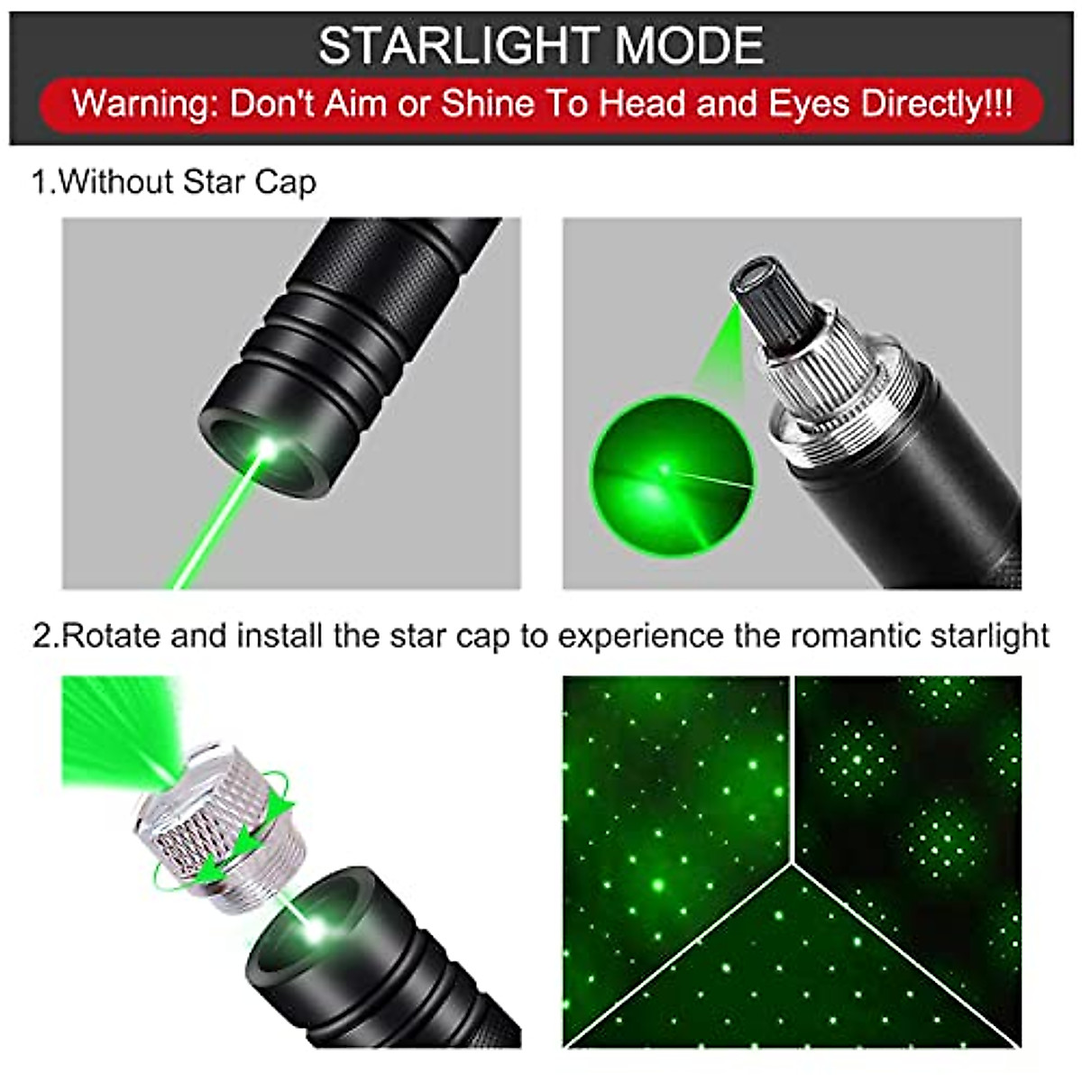 BKTLCAU High Power Laser Pointer, New Long Range Green Pointer, Tactical Flashlight Pen for Hiking, Hunting, Outdoor, USB Recharge. Star Cap Adjustable Focus for Night Camping