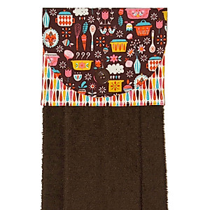 Hanging Hand Towel - Kitchen Tools & Vintage Pyrex Fabric - Brown Blue Pink - Brown Plush Kitchen or Bath Towel - Handmade by Green Acorn Kitchen
