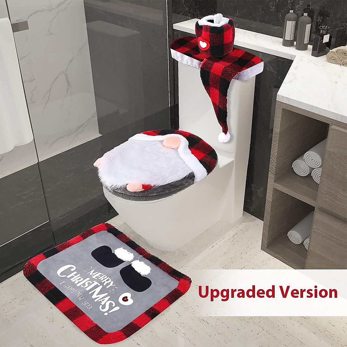 JAPIIM Christmas Toilet Seat Cover, 4pcs Christmas Bathroom Decorations, Swedish Christmas Bathroom Decor, Black Red Plaid Xcmas Decorations, Gnome Toilet Tank Cover for Christmas Bathroom Decoration