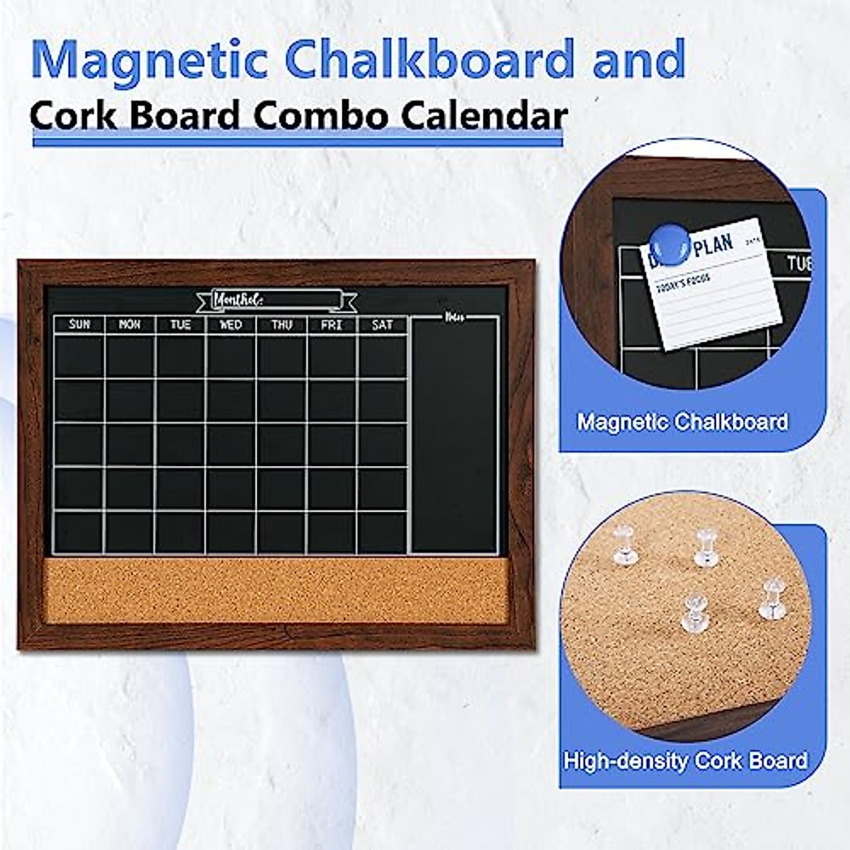 4 THOUGHT Chalkboard Calendar Corkboard Combo, 12" x 16" Small Bulletin Board Magnetic Calendar Chalkboard for Wall Combination Board Monthly Planner Rustic Brown Frame 1 Markers 6 Magnets 4 Pushpins