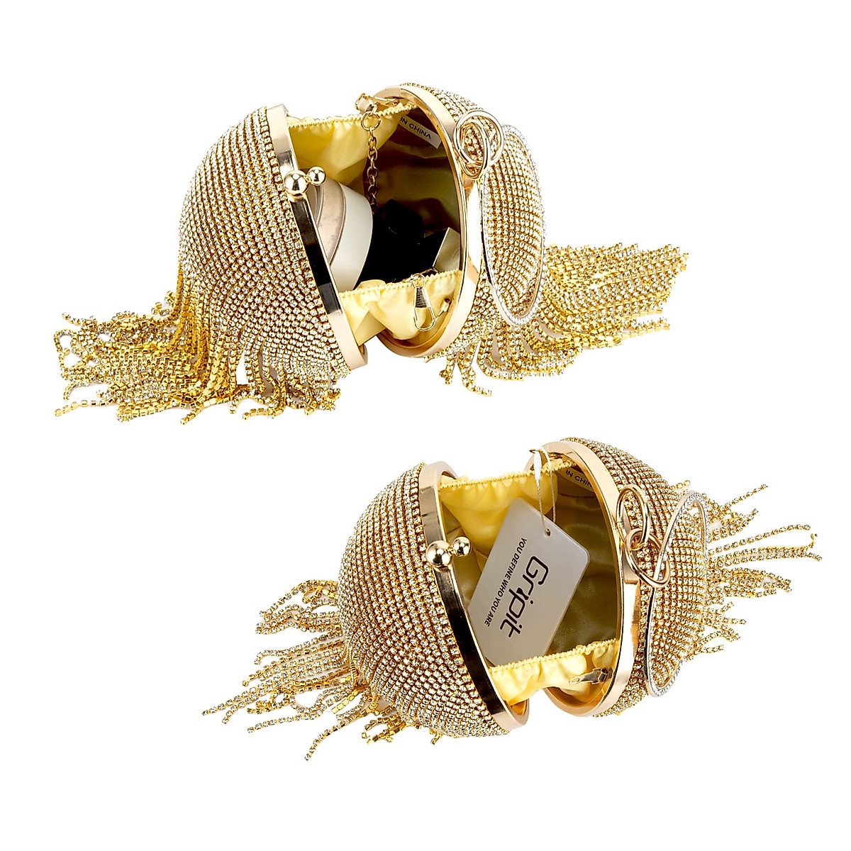 Gripit Women's Evening Round Ball Tassels Bag Diamond Clutch Purse Glitter Party Wedding Handbag with Chain,Gold