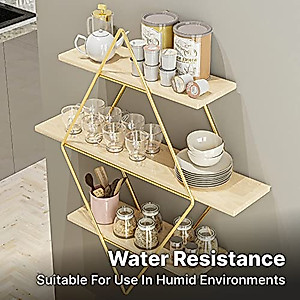 BENOLDY, 3 Tier Prism Gold Metal Frame Wall Mounted Floating Shelf with Pine Wood Rack - Decorative Storage Wall Shelves for Bathroom, Kitchen, Living Room, and Bedroom Organization