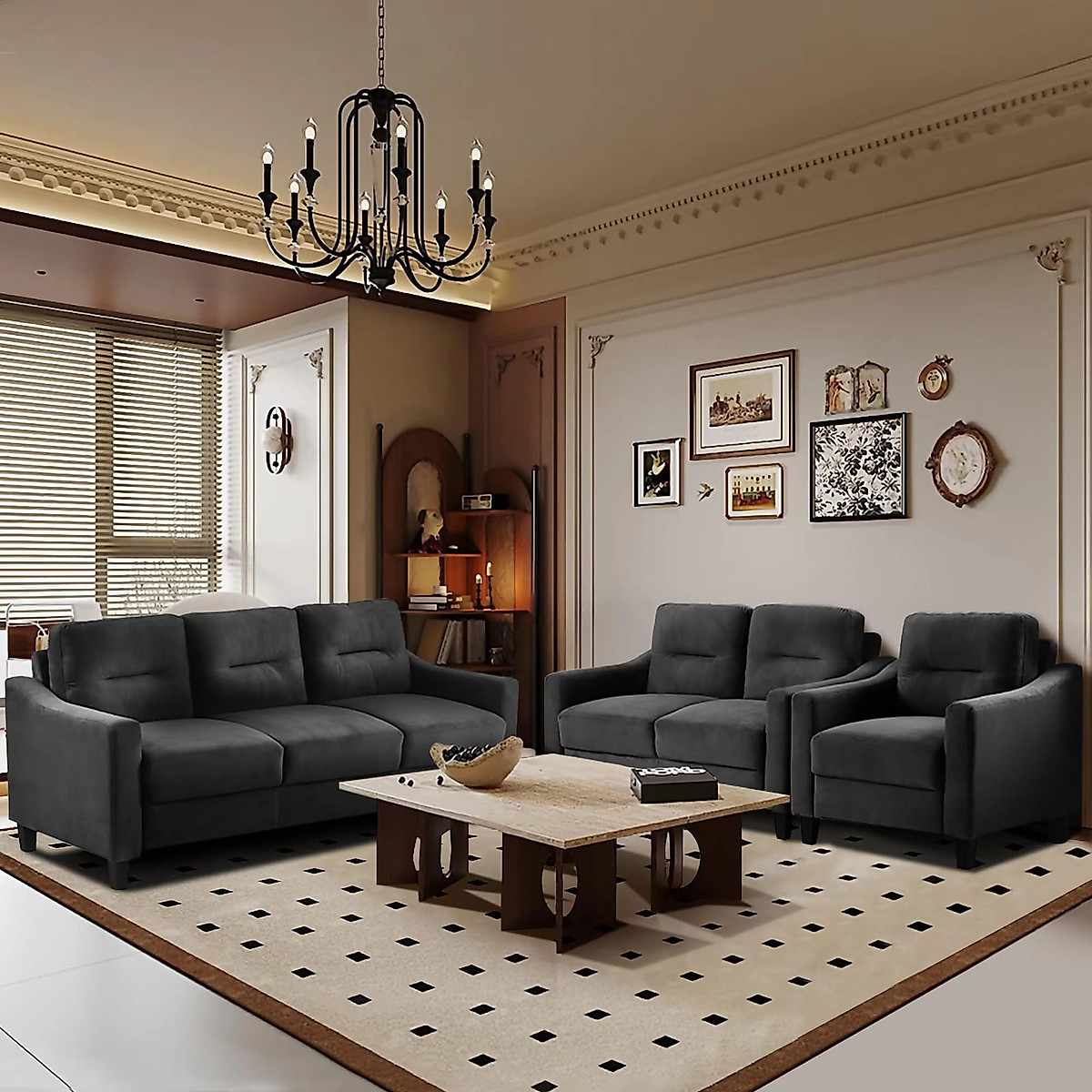 3 Pieces Living Room Furniture Sets, Including 3-Seater Sofa, Loveseat and Armchair, Upholstered Sectional Sofa&Couch with Cushion Backrest, Comfy Sofa Couch for Living Room, Apartment, Lounge Room