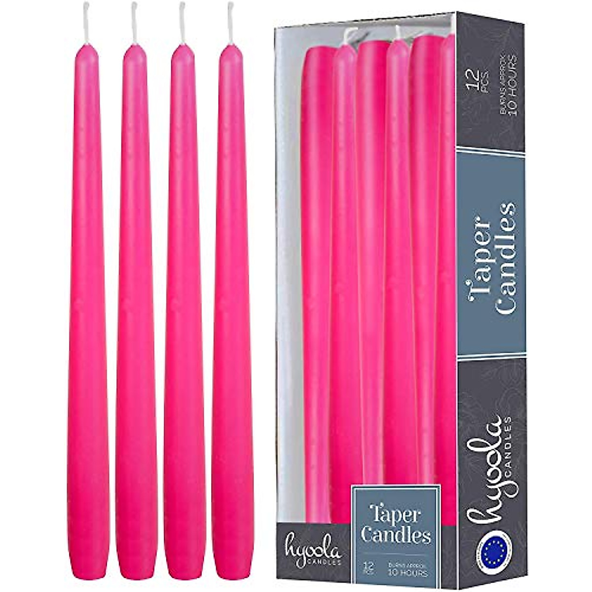 12 Pack Tall Taper Candles - 10 Inch Hot Pink - Fuchsia Dripless, Unscented Dinner Candle - Paraffin Wax with Cotton Wicks - 8 Hour Burn Time